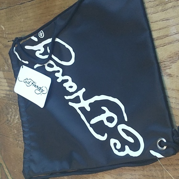 Ed Hardy | Bags | New Ed Hardy Drawstring Back Pack Black With White ...